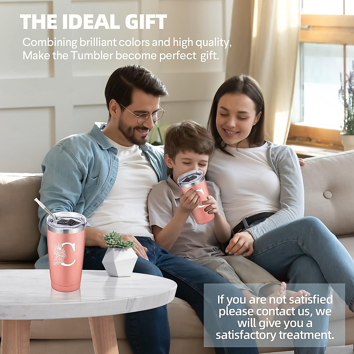 Leraverppy Personalized 20oz with Initial Stainless Steel Coffee，Leak Proof Rose Gold Tumbler with Lid And Straw Double Wall Thermal Cups for Hot and Cold Drinks Monogrammed Gifts for Women（C20-C）