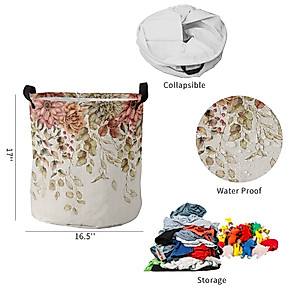 Laundry Basket, Fall Thanksgiving Red Sage Green Dahlia and Rose Flower Eucalyptus Leaf Beige Waterproof Collapsible Clothes Hamper Large Storage Bag for Bedroom Bathroom,16.5x17In