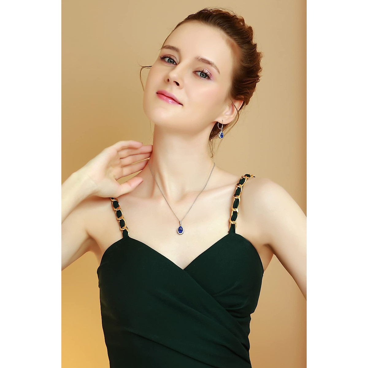 B. BRILLIANT Sterling Silver Created Blue Sapphire & White Topaz Teardrop Dangling Necklace & Leverback Drop Dangle Earrings Jewelry Set for Women with Gift Box