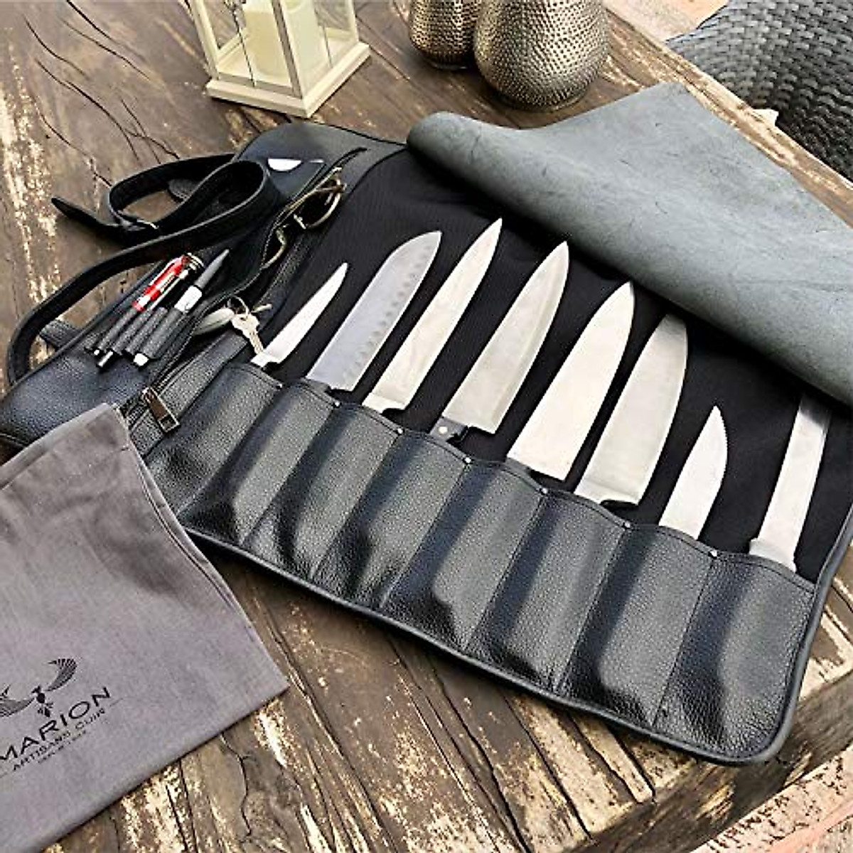 Marion - LE MINUIT - Genuine Calf Top Grain Black Leather - Handcrafted Professional Chef's Knife Storage Roll Bag - 8 Pockets - Adjustable Shoulder Strap - Zippered Interior and Exterior Pocket