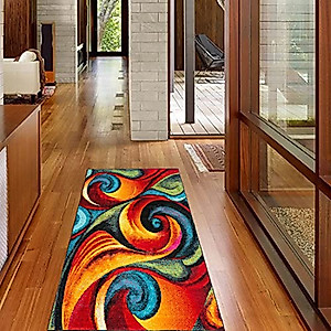 GUBIYU Abstract Rugs Modern Geometric Area Rug Bedroom Living Room Floor Carpet with Swirls in Red Turquoise Orange Contemporary Dining Accent Rugs Sevilla Collection for Hallway 23.6x59 in Runner