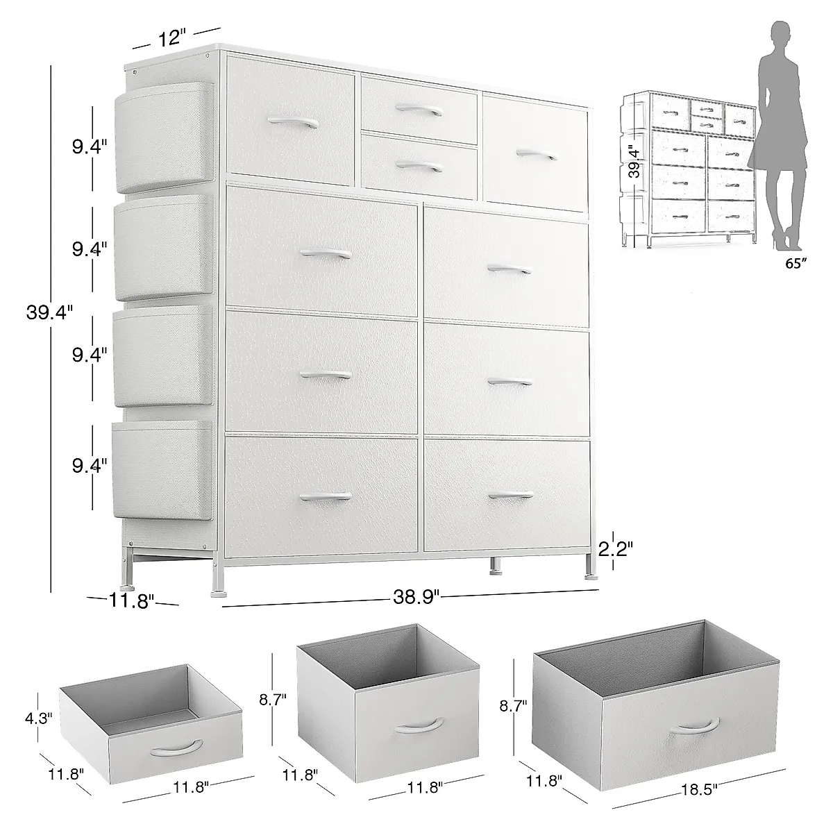 White Dresser for Bedroom, Bedroom Dressers & Chests of Drawer, White Closet Fabric Dressers, 10 Drawers Dresser w/Side Pockets, Hooks, Dresser Storage Organizer for Hallway, Entryway, Kids Room