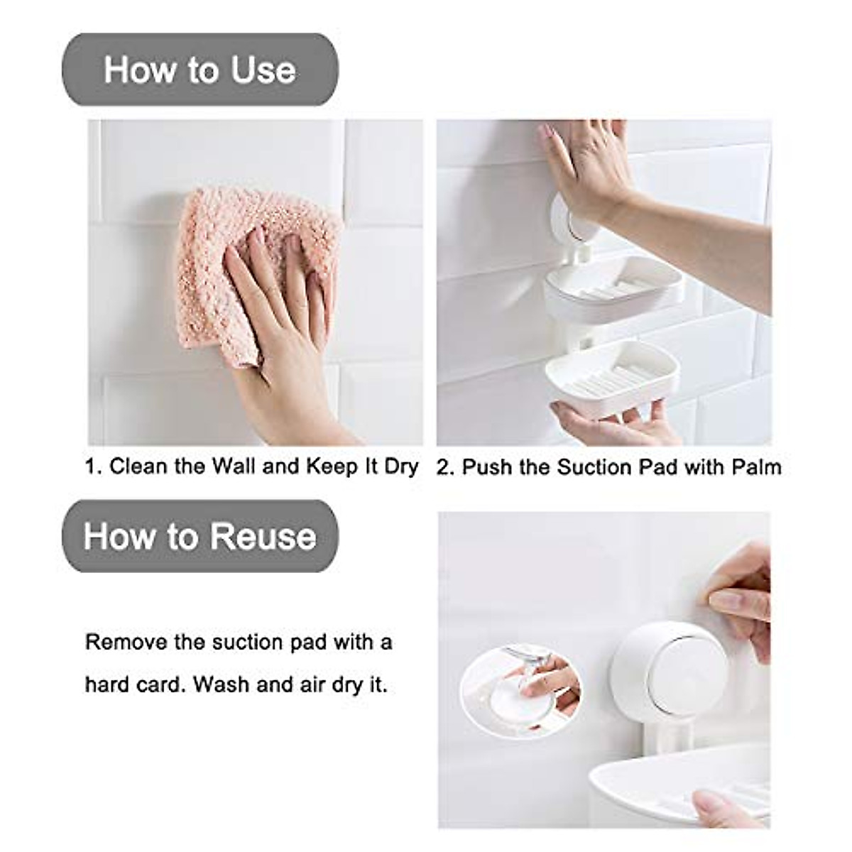 Elebac Double Layer Soap Dished Holder Suction Cup, Soap Bar Holder with Drainage Design for Soap Saver, Wall Mounted Soap Tray for Bathroom Shower, Reusable, Removable, Waterproof, Plastic, White