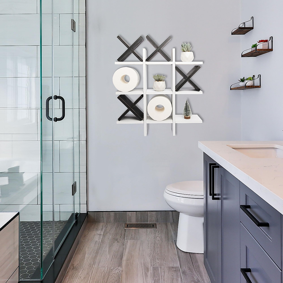 GENMOUS Handmade Tic Tac Toe Toilet Paper Holder For Black and White Bathroom Decor, Funny Wall Mounted Free Standing Toilet Tissue Paper Storage For Kids Guest Restroom Farmhouse Bathroom Decor White