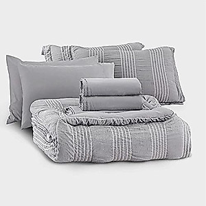 Bedsure Twin Bed in A Bag - Twin Comforter Sets 6 Piece Stripes Seersucker Bedding Set, Soft Lightweight Down Alternative Comforter Twin Bed Set(Grey 68x88 inch)