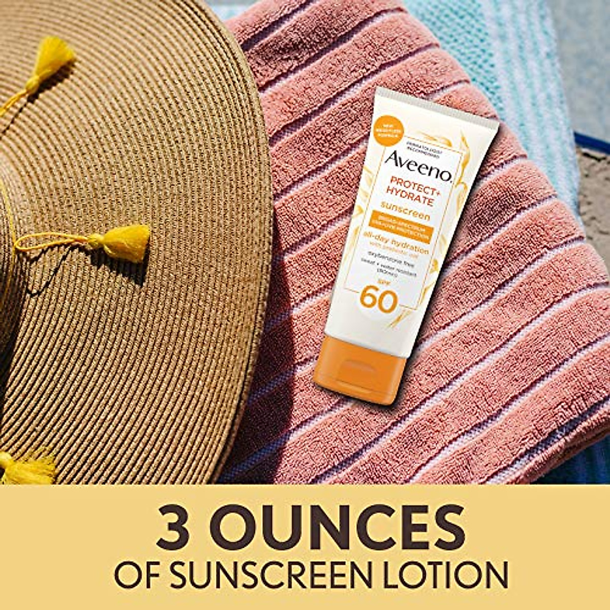 Aveeno Protect + Hydrate Moisturizing Body Sunscreen Lotion With Broad Spectrum Spf 60 & Prebiotic Oat, Weightless & Refreshing Feel, Paraben-free, Oil-free, Oxybenzone-free, 3.0 ounces