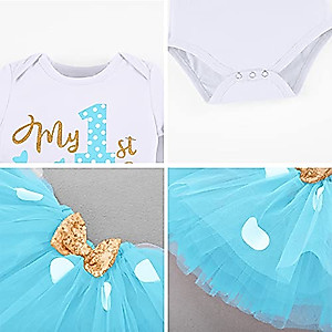 IBTOM CASTLE It's My 1st Birthday Outfit For Baby Girls First Birthday Gift Wild ONE Bodysuit Romper Onesie Sequin Bow-tie Tulle Tutu Polka Dots Skirt for Photo Shoot w/Ears Headband Blue 1T