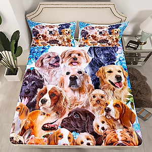 Cute Puppy Dog Bedding Fitted Sheet Cartoon Pet Pug Dog Bulldog Bed Sheet Set Kids Boys Girls Dog Lover Animal Design Bedding Sheets Various Puppy Bed Cover Bedroom Collection 4Pcs Bedding Full