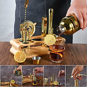 Esmula 12 Piece Bartender Kit with Bamboo Stand, 25oz Cocktail Shaker Set for Mixed Drink, Professional Bar Tool Set with Cocktail Recipes Booklet, Gift for Man Dad Friend (Gold)