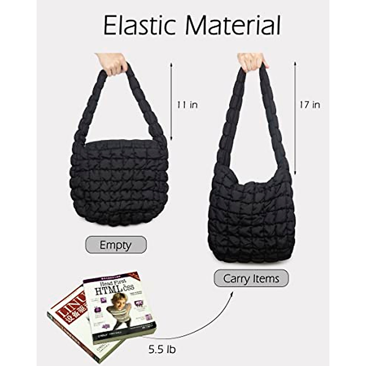 Rejolly Puffer Shoulder Bag for Women Quilted Puffy Lightweight Nylon Handbag Large Padded Soft Purse Black