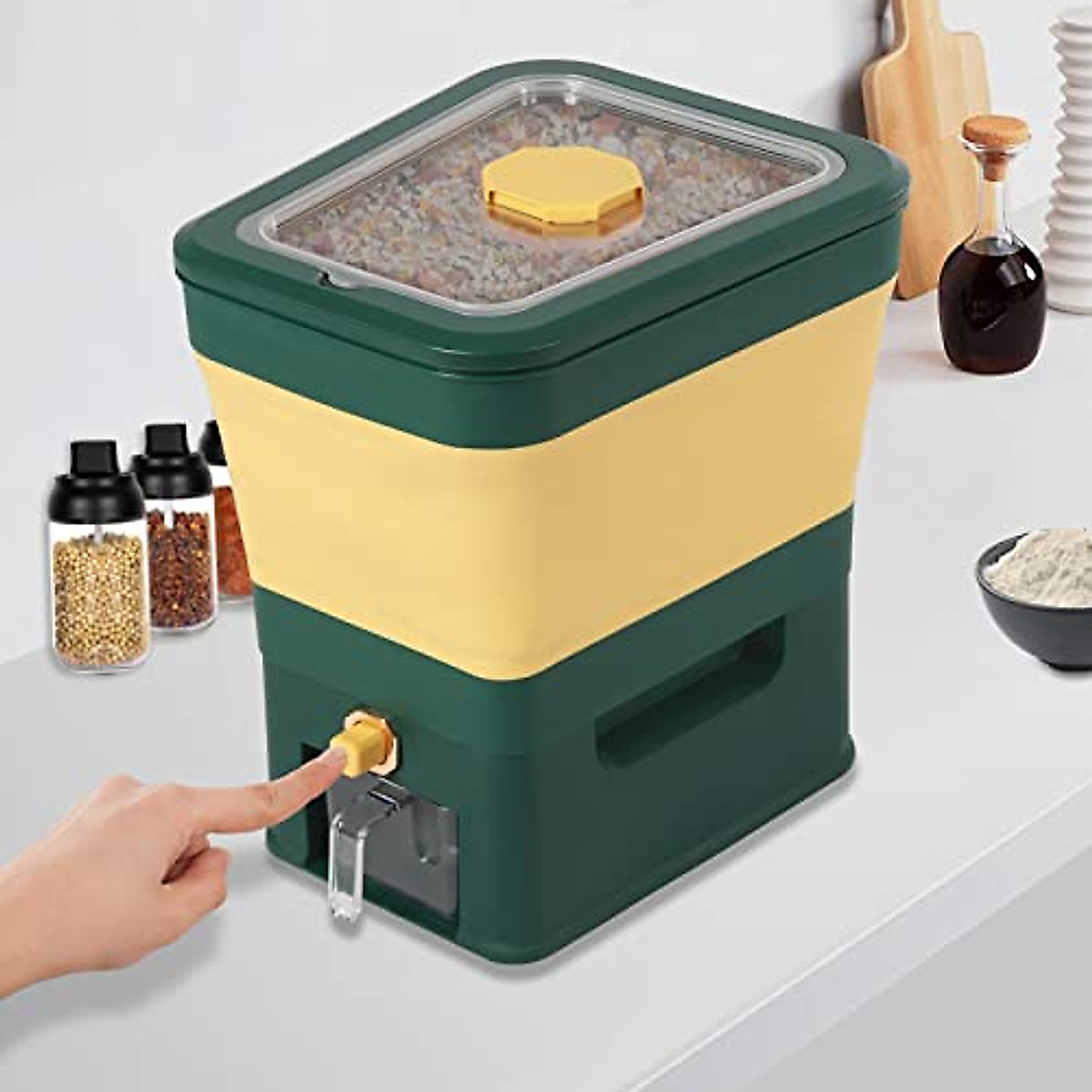 Rice Food Storage Containers, Collapsible 11.6 to 26 Lbs Rice Dispenser with Airtight Locking Lid, Grain Container Food Storage Bin for Kitchen, Dog Pet Cat Flour Sugar Kitchen Pantry Holder