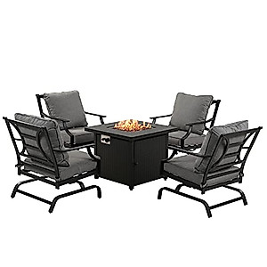 Grand patio 5PCS Patio Furniture Sets with 30 Inch 50,000 BTU Steel Square Propane Fire Pit Table,4 Rocking Metal Frame Chairs with Gray Cushions