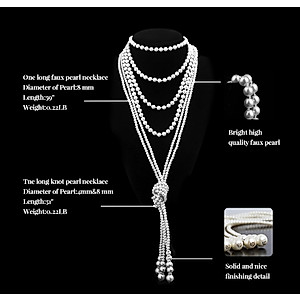 Cizoe 1920s Pearls Necklace Fashion Faux Pearls Gatsby Accessories Vintage Costume Jewelry Cream Long Necklace for Women(B-a-knot Pearl Necklace*2 + 59" Necklace*1-white)