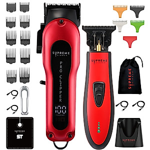 Supreme Trimmer 2-in-1 Pro Clipper & DLC T-Shaper Combo | Professional Beard Trimmer ST5215 & Hair Clipper STC5030 Barber Kit | Red