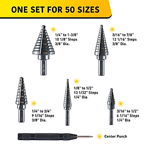 Anfrere 5PCS M2 Step Bits Set, 50 Sizes M2 HSS Step Drill Bits, 1/8"-1-3/8" Unibit Drill Bits Set for Sheet Steel Metal with Storage Case, Multiple Hole Stepped Up Bits Home Tools, 1016