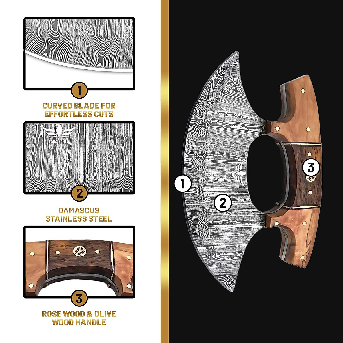 Lara Eagle Damascus Steel Ulu Knife, Celtic Knot Handle made of Exotic Rose Wood and Olive wood, 6 inch blade One-Handed Rocker Knife with Leather Sheath