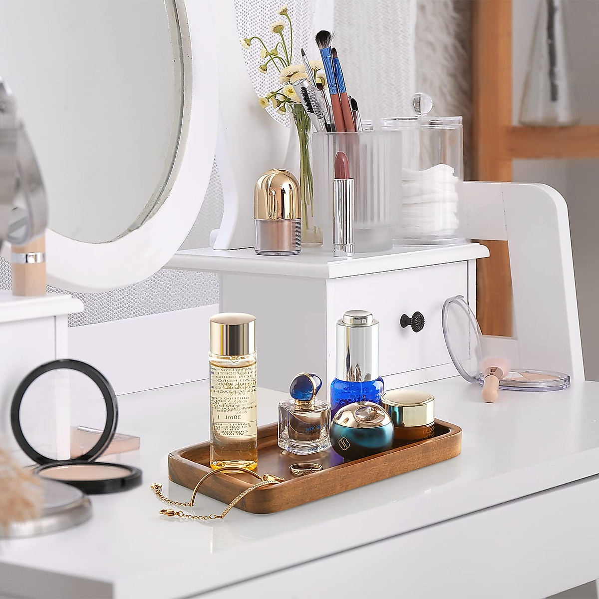 ALELION 6" Small Bathroom Vanity Tray for Counter - Acacia Wood Dish Soap Dispenser Tray for Kitchen - Rustic Decorative Tray for Dresser Tops Perfume Jewelry - Farmhouse Kitchen Decor Accessories