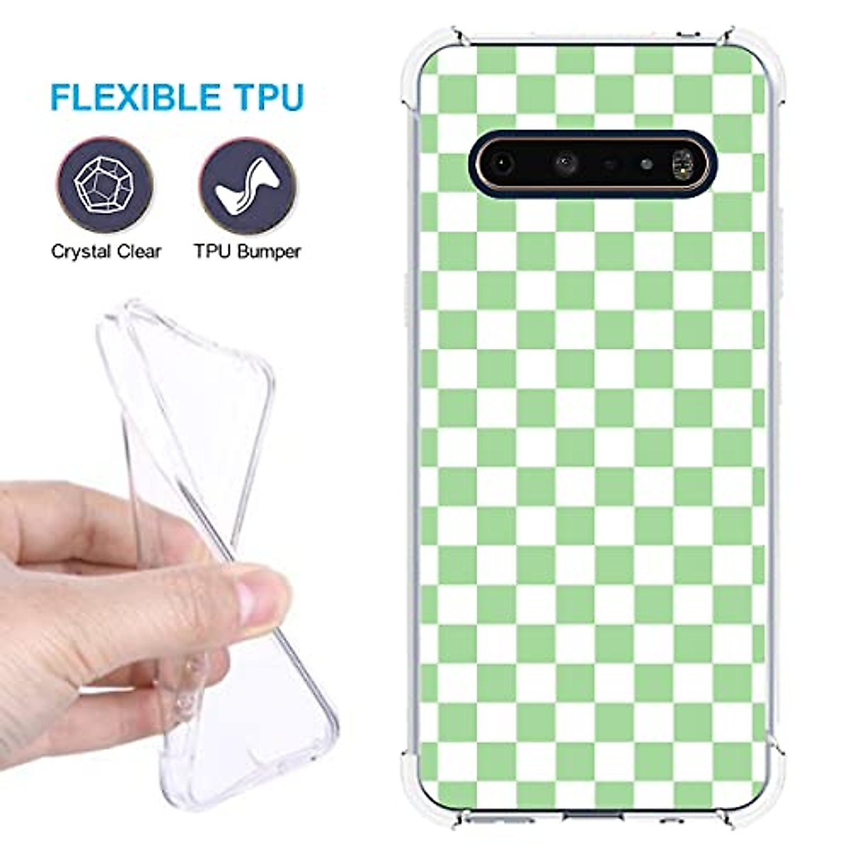 zaztify Compatible with LG V60 ThinQ/ThinQ 5G UW, Green and White Plaid in Checkered Checkerboard Cute Shockproof Protective Anti-Slip Thin Slim Soft Clear Phone Case Cover Shell