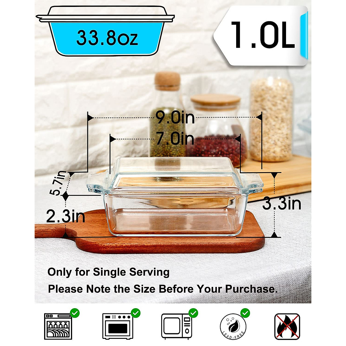 Mini-1 QT (5.7in x 7in) Rectangular Glass Casserole Dish With Glass Lid, (Single Serving) Glass Bakeware with Lid Glass Microwave Casserole Dish Lidded Small Casserole Dish