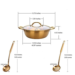 Color ME! 12 Inch 18/8 Stainless Steel Shabu Shabu Hot Pot with Divider Color Me Chinese Induction Shabu Shabu Pot with Glass Lid Dual Sided Stockpots (Gold)