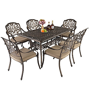 VINGLI 7 Pieces Outdoor Patio Dining Set, Cast Aluminium Patio Furniture Set with 6 Chairs and Large Table for Yard, Garden, Porch and Poolside, Bronze