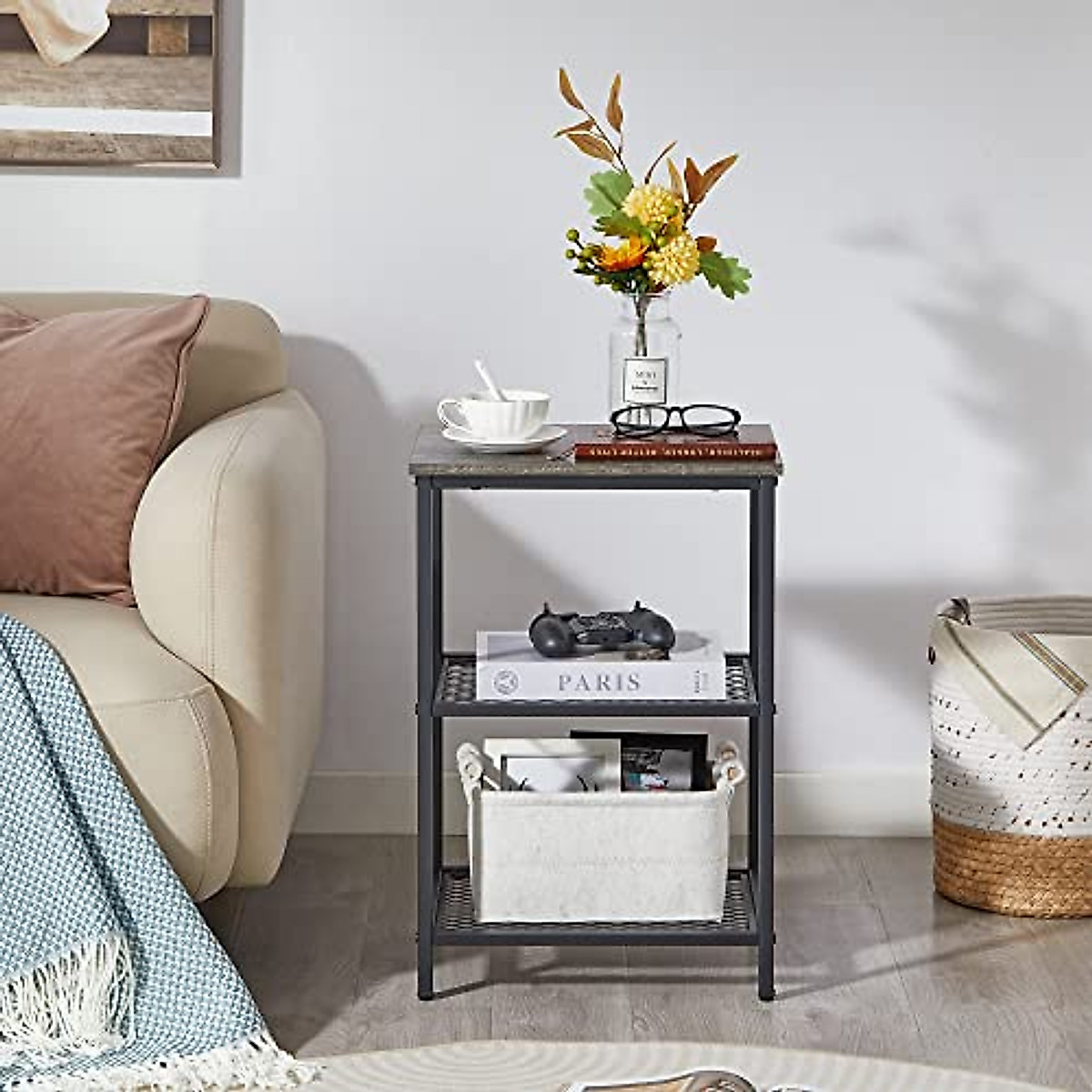 VECELO 3-Tier End Tables, Small Nightstands with Storage Shelf, Industrial Night Stand for Living Room Bedroom, Metal Frame, 1 Pack(A), Misty Gray