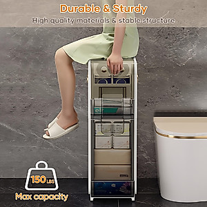 MOSAMNI 3-Tiers Slim Bathroom Storage Cabinet, Narrow Bathroom Storage Cabinet with Drawers & Wheels, Plastic Waterproof Bathroom Storage Organizer for Small Spaces, Kitchen, Laundry Room, Out-of-Box