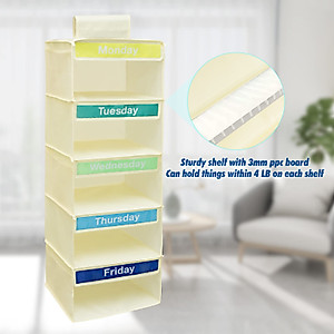 Weekly Clothes Organizer for Kids-Hanging Closet Organizer Kids Weekday-Kids Weekly Clothes Organizer-Days of The Week Clothing Organizer-Monday to Friday Clothes Organizer(Beige)