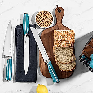 Emojoy Knife Set, 15-Piece Kitchen Knife Set with Block Wooden, Lake Blue Handle for Chef Knife Set, Kitchen Knives Sharpener and Scissors German Stainless Steel