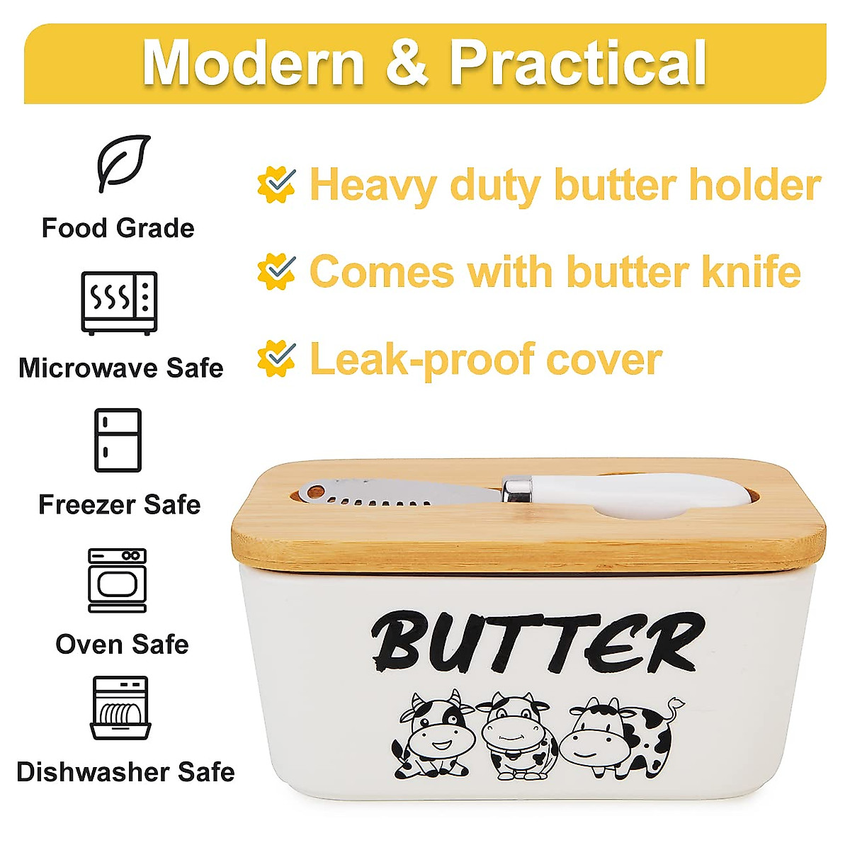 Butter Dish with Lid, Kitchenexus Ceramic Butter Keeper with Bamboo Cover & Butter Knife Spreader, Porcelain Butter Bowl Holder Container Perfect for Butter West or East Coast Butter