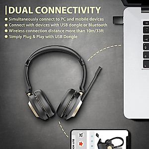 Earbay Bluetooth Headset, Wireless Headset with Microphone for PC, Wireless Headphones with Mic Noise Cancelling/Mute/Charging Dock/USB Dongle, 45hrs Dual Connect Computer Phones Teams Skype Zoom