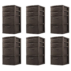 Sterilite 26226P02 4 Drawer Organizer Storage Tower with Medium Weave Drawer Fronts and Easy-Pull Handles, Espresso Brown (6 Pack)