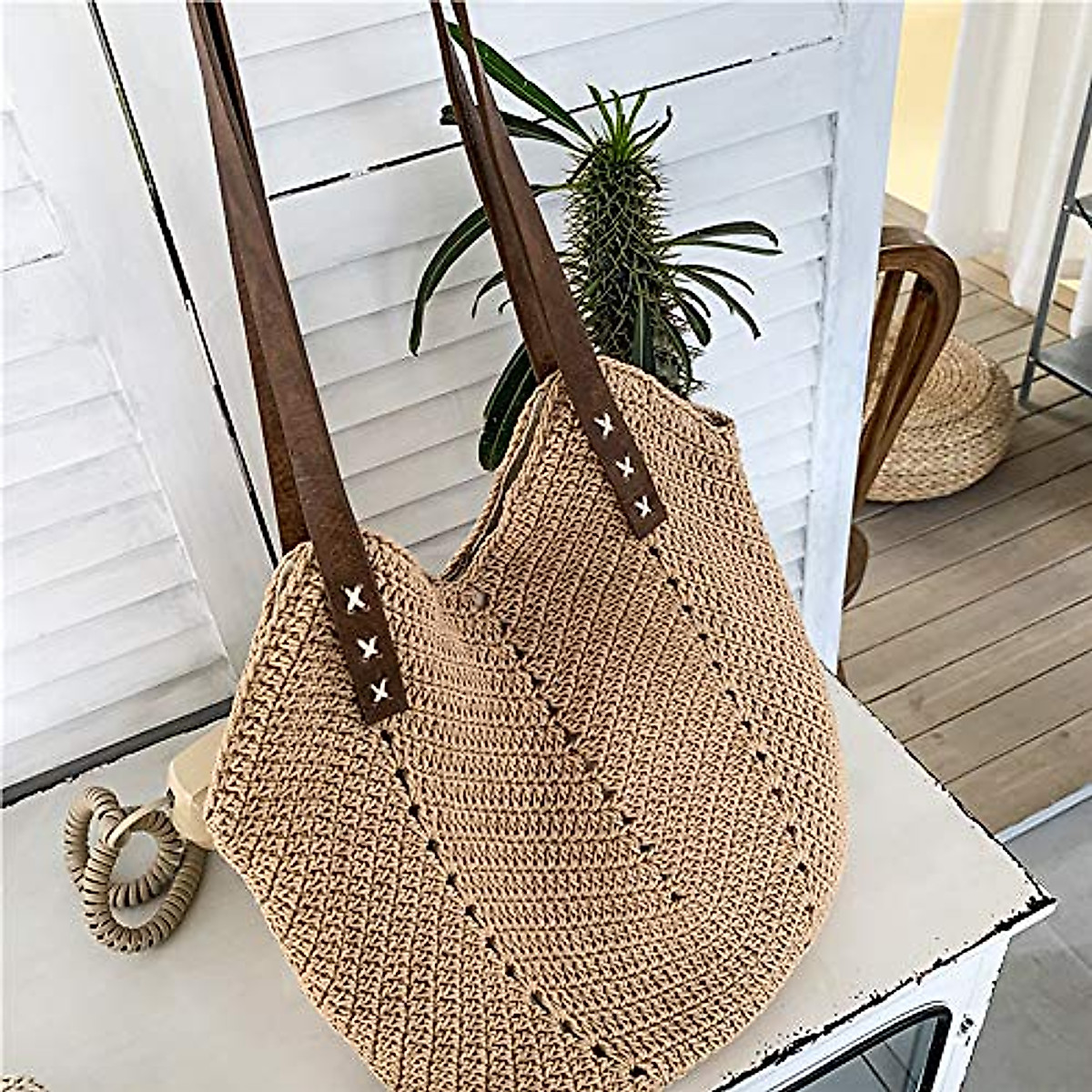 QTKJ Hand-woven Soft Boho Women's Summer Crochet Beach Shoulder Bag PU Leather Handle Woven Handbag for Women (Brown)