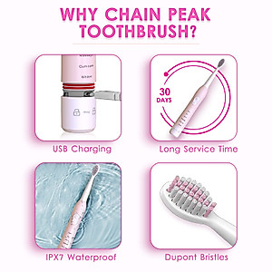 Chain Peak Sonic Electric Toothbrush for Men and Women, Rechargeable Smart Toothbrush with 6 Modes, 6 Brush Heads, 40000VPM, with Holder, Pink and White