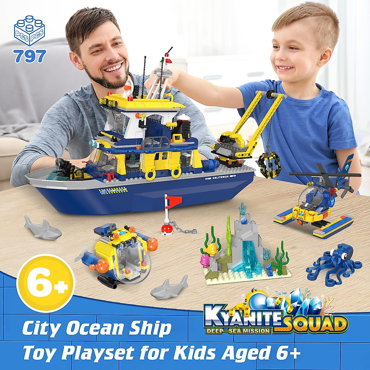 WishaLife City Ocean Exploration Ship Building Toy Set, W/Submarine, Helicopter, Shark, Octopus, Coral Reef, Fun Toy Gift for Kids Boys Girls 6+