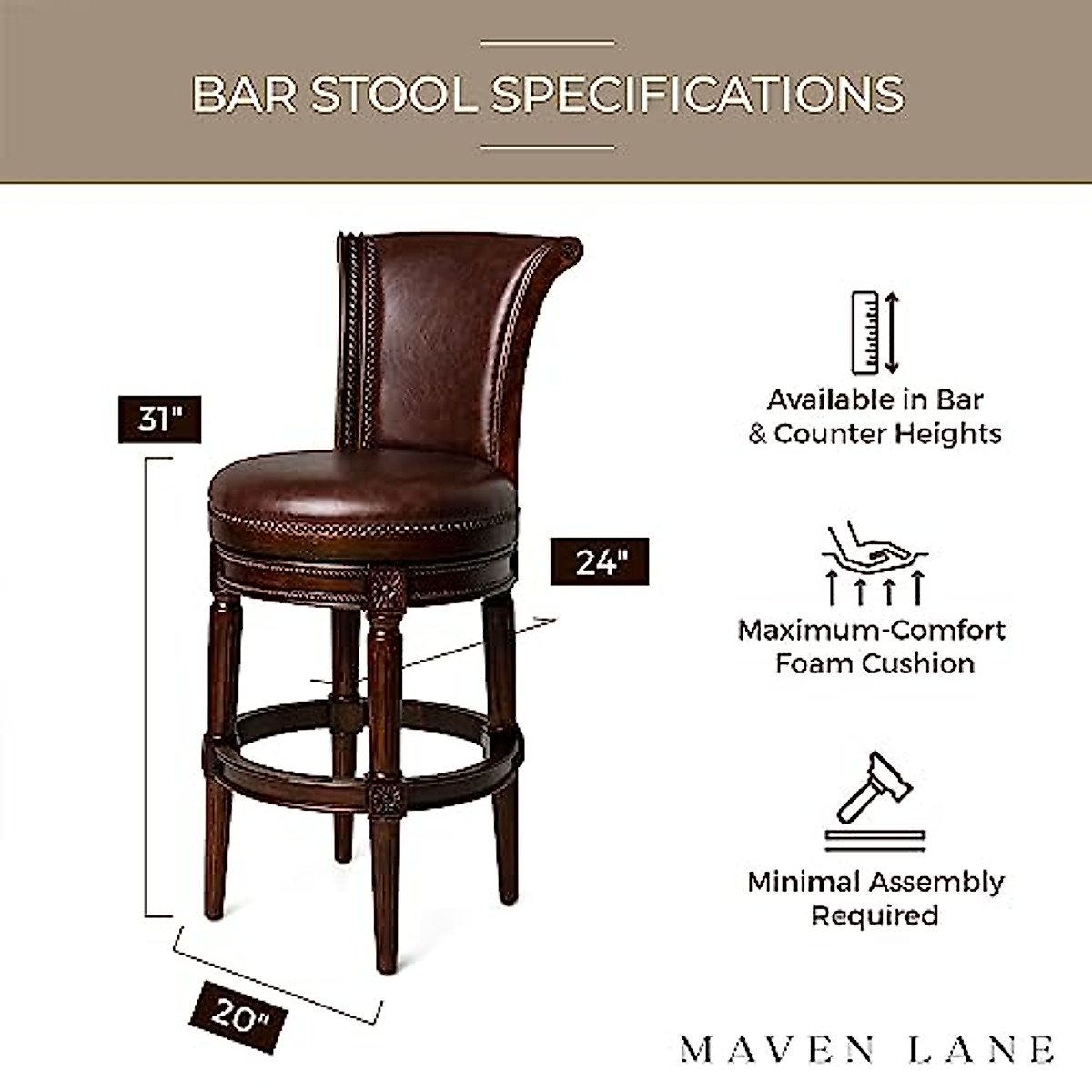 Maven Lane Pullman High-Back Kitchen Swivel Bar Stool, Dark Walnut, Bar Height