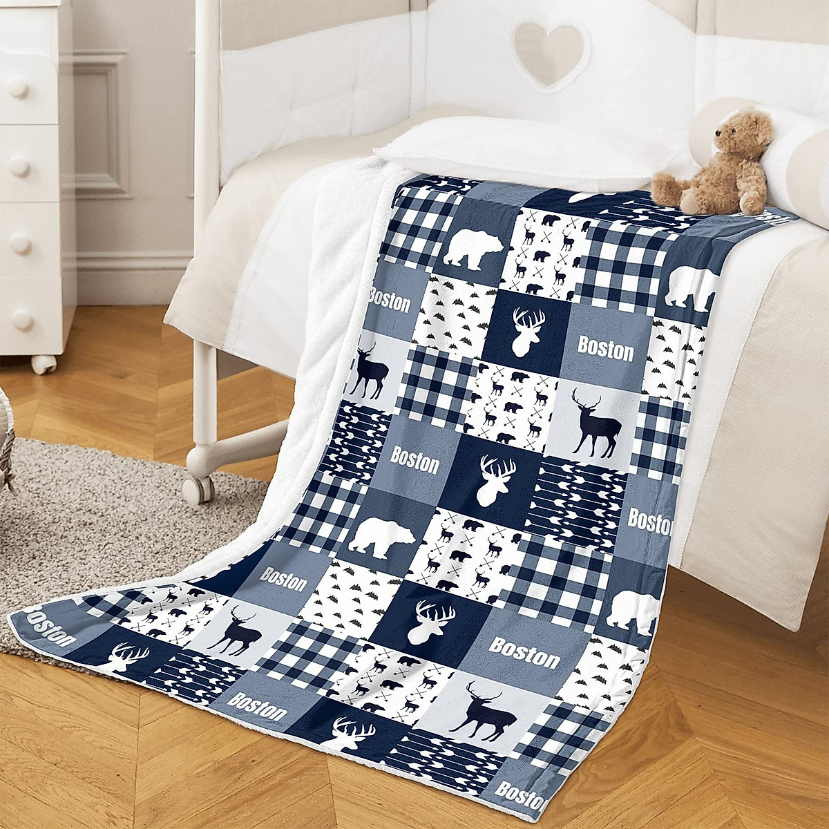 Woodland Deer Personalized Minky Fleece Baby Blanket with Name, Custom Deer Bear Baby Blankets for Boys Kids, Birthday Gifts, Deer Blankets for Infant Newborn, Soft and Warm Navy Blue Blanket