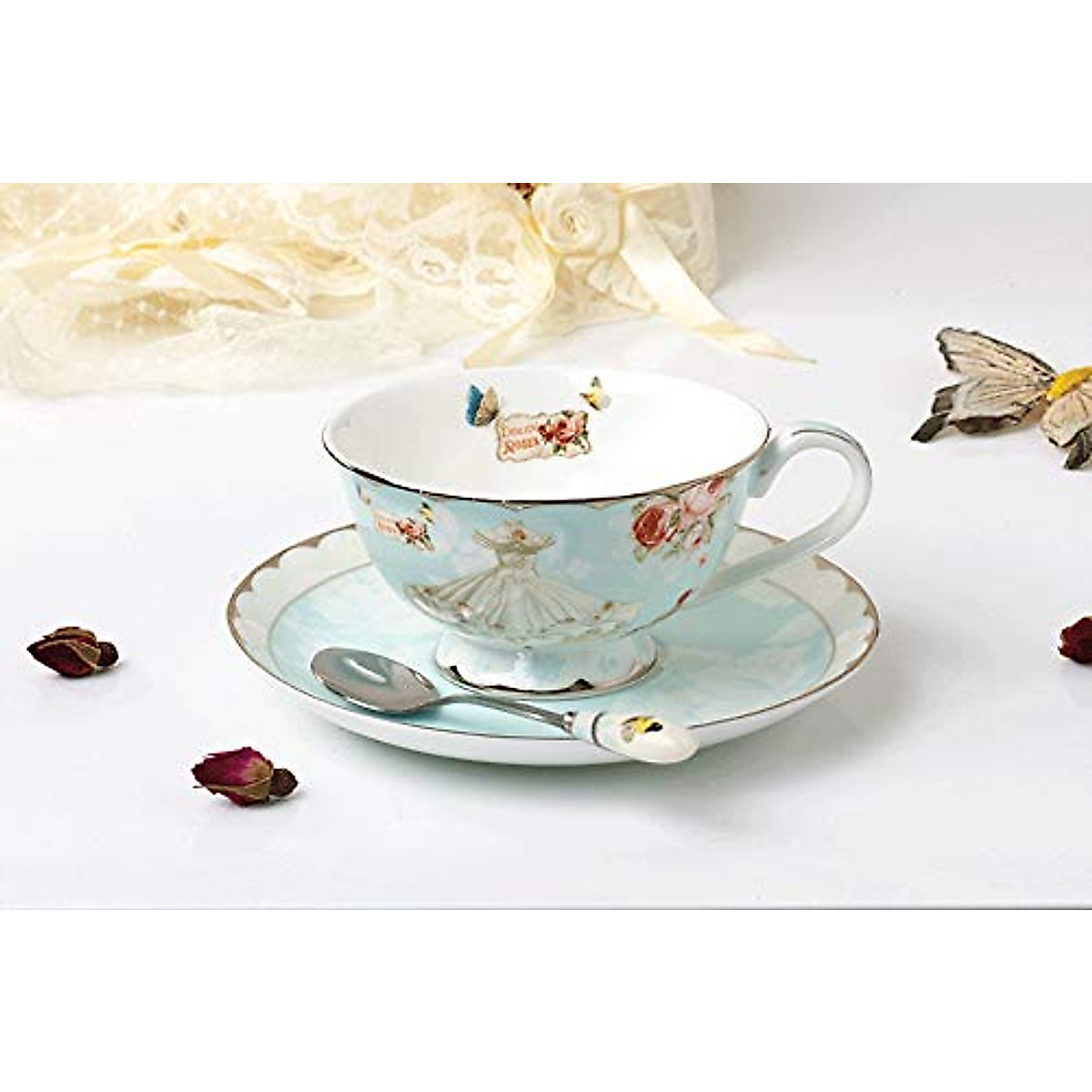 Fine Bone China Tea Cups and Saucers, Pastel Blue Floral Design Coffee Mug Tea Cups Set with Gift Box for Women Mom, 7 Ounces