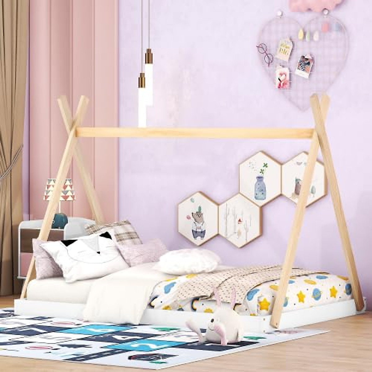 anwickjeff Full Size Tent Floor Bed with Triangle Structure, Moden Full Teepee Bed Platform Bed Frame,Wood Montessori Floor Bed for Kids Girls Boys (White+Natural)