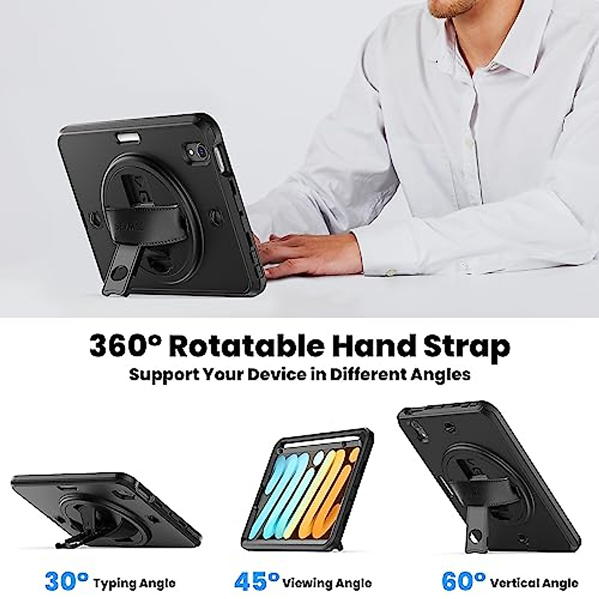 SEYMAC iPad Mini 6 Case 2021 Mini 6th Generation Case, Shockproof Protective Mini 6 Kids Case with Pencil Holder Screen Protector Hand Strap Stand Case for iPad Mini 6th Gen 8.3 Inch 2021, Black