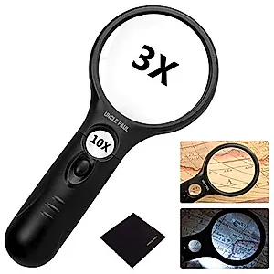 Magnifying Glass with 3 LED Lights - 3X 10X Handheld Magnifier with Cleaning Cloth High Clarity Lightweight for Reading Coins Stamps Map Inspection Hobbies Crafts OS05