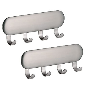 mDesign Metal Peel and Stick Adhesive 4 Hook Storage Rack - Wall Mount Organizer for Entryway, Mudroom, Hallway, Kitchen, Office - Holds Car/House Keys, Leashes - 2 Pack - Brushed Stainless Steel