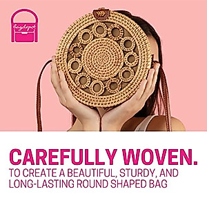BAGDEPOT Round Rattan Bag With Shoulder Leather Strap. Made from Natural Rattan (Sunrise)