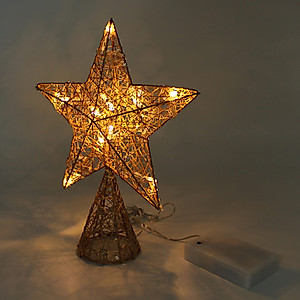 CVHOMEDECO. Gold Tree Top Star with Warm White LED Lights and Timer for Christmas Ornaments and Holiday Seasonal Décor, 8 x 10 Inch