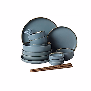 Porcelain Dishes Set for 4 People 16 Piece Ceramic Bowls and Plates Set Reactive Glaze Dinnerware Set for Home Party Gift - Matte Blue