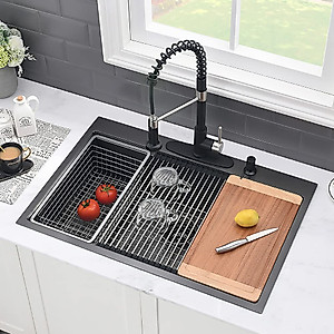 33 Black Drop In Kitchen Sink Workstation-VASOYO 33x22 Inch Drop n Topmount Kitchen Sink Gunmetal Black Stainless Steel Sink 16 Gauge 10 Inch Deep Single Bowl Kitchen Sink with Cutting Board&Colander