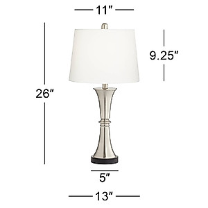 360 Lighting Seymore Modern Table Lamps 26" Tall Set of 2 with USB Charging Port Silver LED Touch On Off White Drum Shade for Bedroom Living Room House Home Desk Bedside Nightstand Office