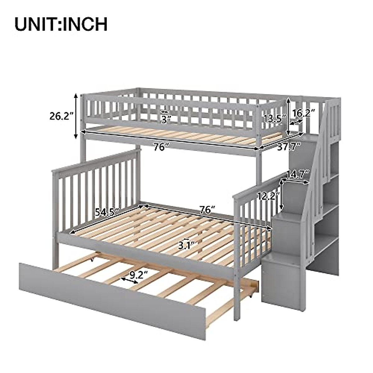 Harper & Bright Designs Twin Over Full Bunk Beds with Trundle , Bunk Beds with Stairs and Storage Shelf ,Wood Bunk Beds with Full-Length Guard Rail for Kids , Gray