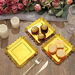 Efavormart 50 Pack | 5" Gold Foil Scalloped Rim Dessert Paper Plates, Disposable Square Appetizer Plates