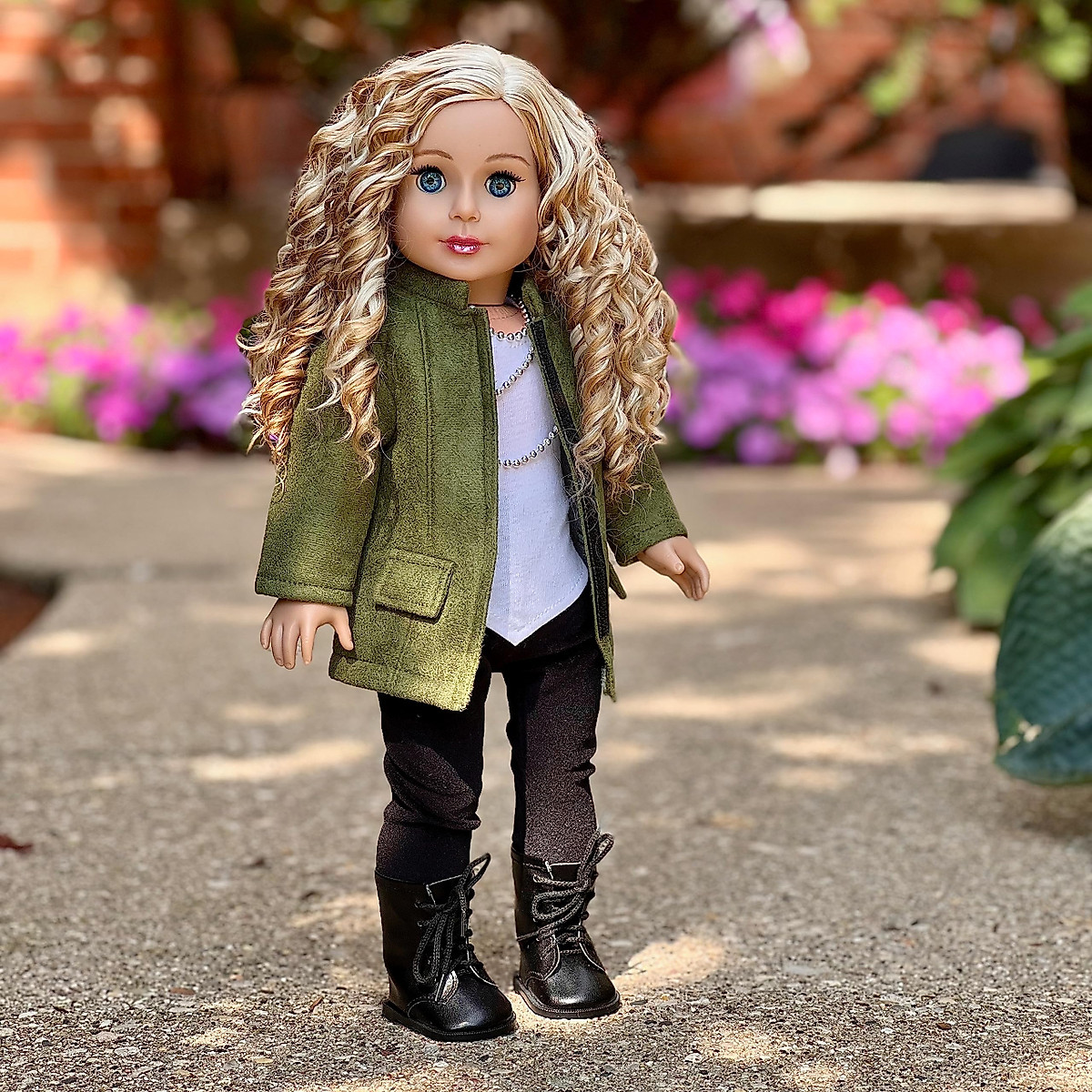 - Autumn Stroll - 4 Piece Outfit for 18 Inch Doll - Green Coat, White Blouse, Black Velvet Leggings, Black Boots (Dolls Not Included)